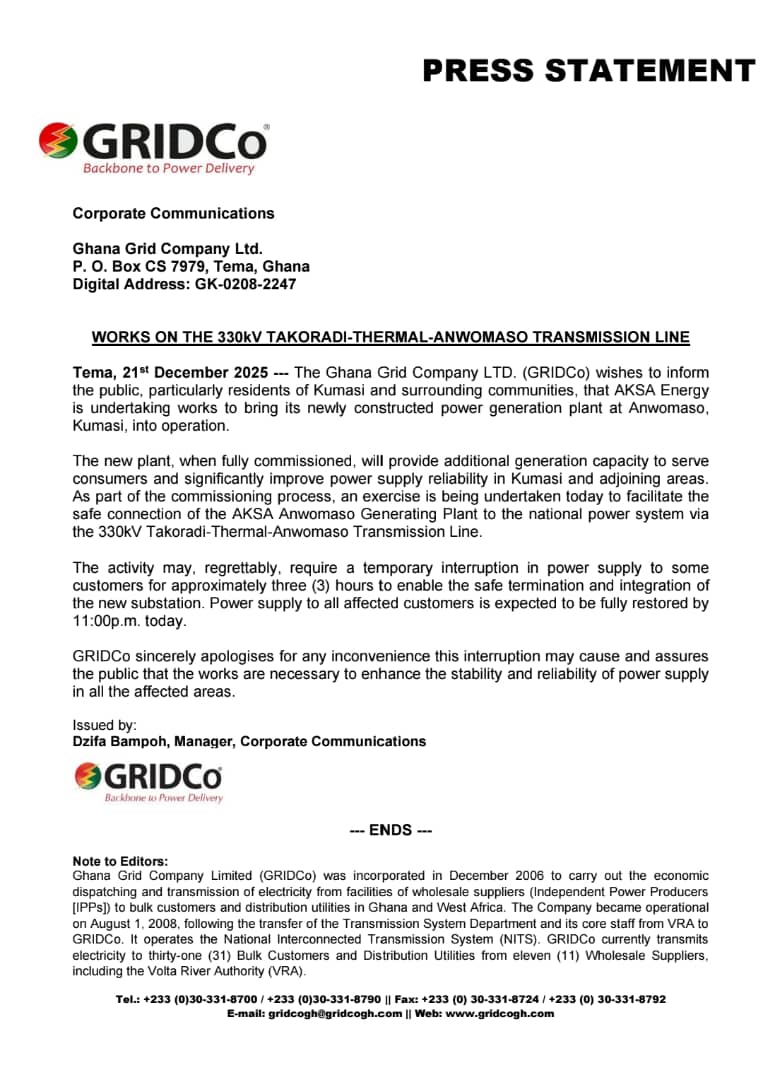 Electricity Company of Ghana Ltd - POWER OUTAGE DUE TO TECHNICAL ...