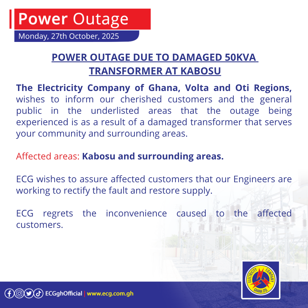 Electricity Company of Ghana Ltd - POWER OUTAGE DUE TO DAMAGED 50KVA ...