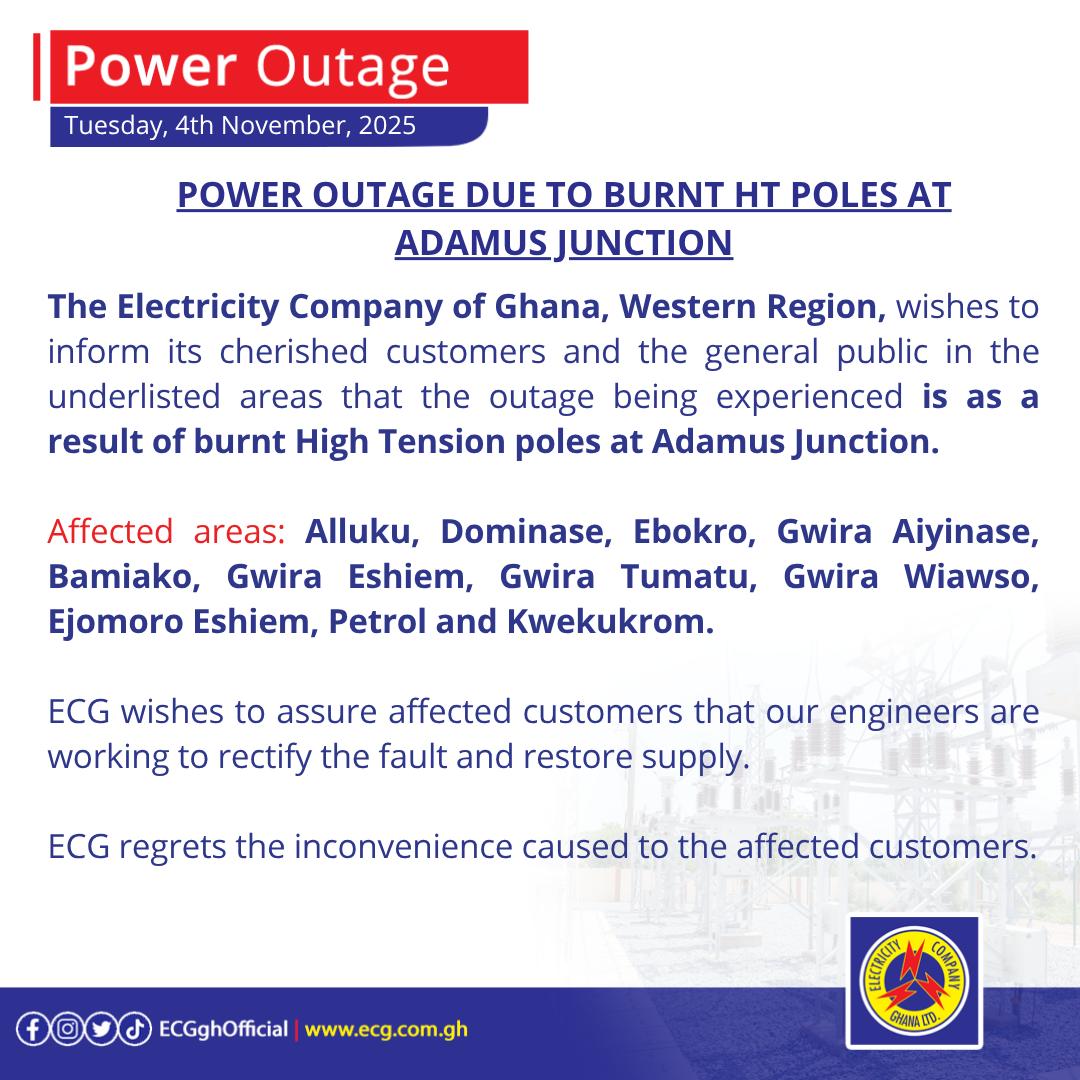 Electricity Company of Ghana Ltd - POWER OUTAGE DUE TO BURNT HT POLES ...