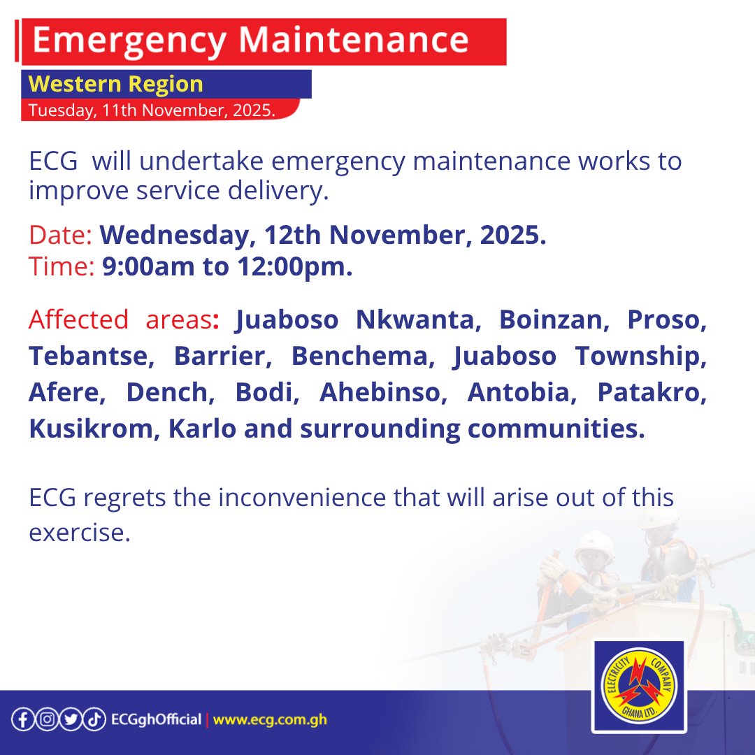 Electricity Company of Ghana Ltd - Emergency Maintenance works in Western Region on Wednesday ...
