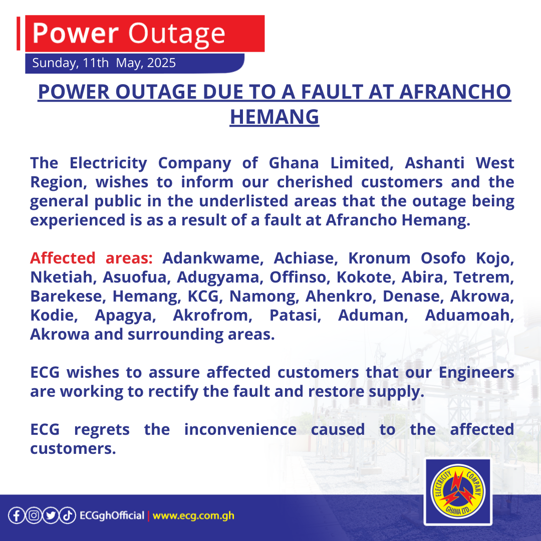Electricity Company of Ghana Ltd - Power Outage Due to a Fault at ...
