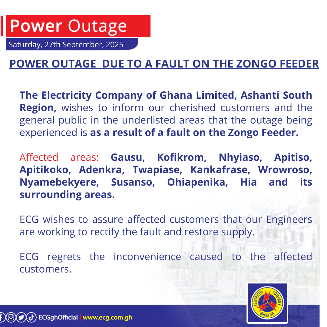 Electricity Company of Ghana Ltd - Power Outage Due to a Fault on the ...
