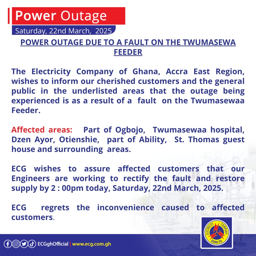 Electricity Company of Ghana Ltd - Power Outage Due to a Fault on the ...