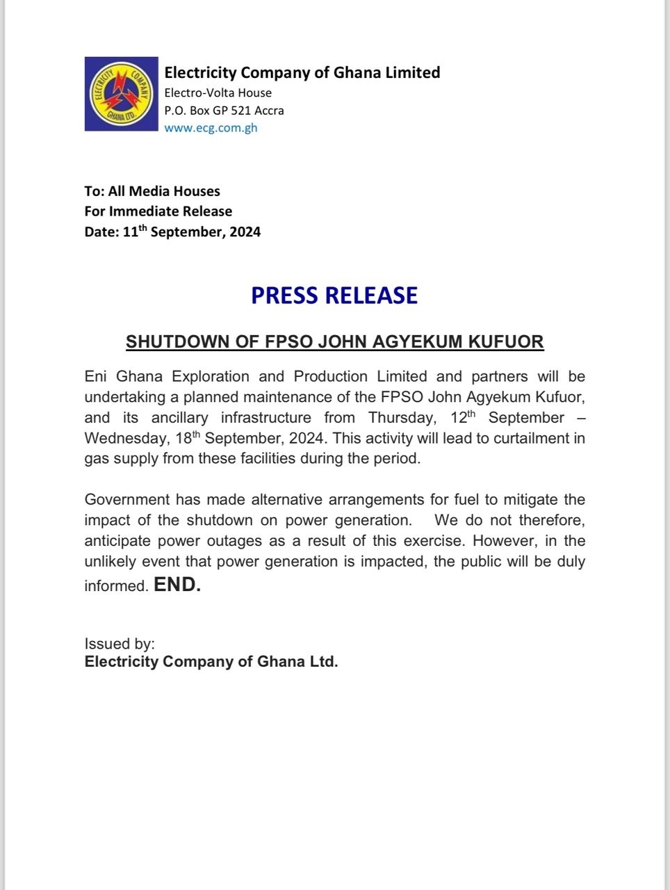 Electricity Company of Ghana Ltd - Press Release